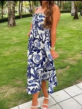 H&M | Dresses | Hm White And Blue Floral Smocked Midi Dress Nwot | Poshmark